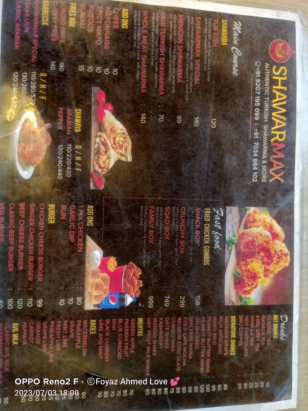 Menu at Shawarmax, Padinjarathara