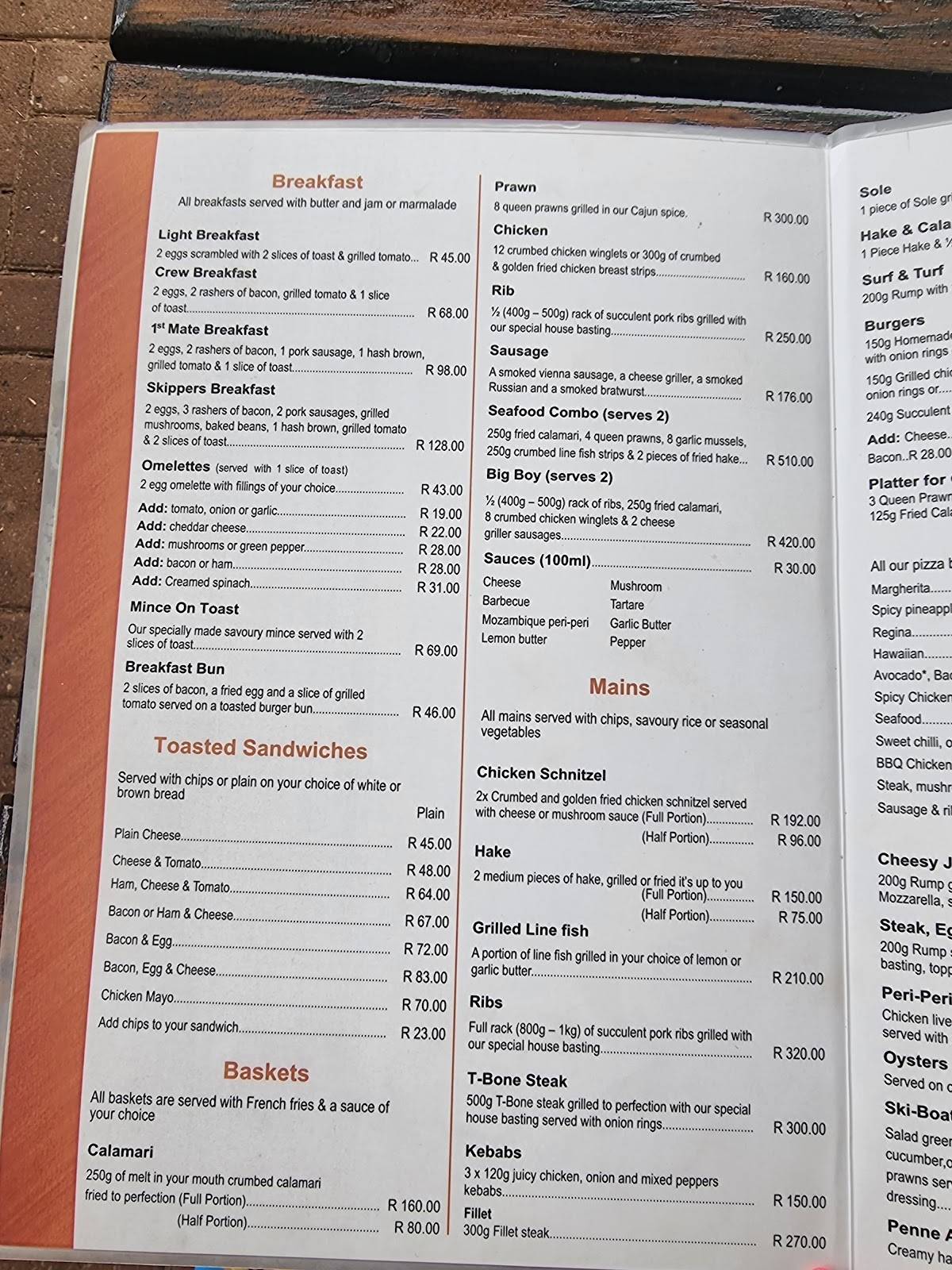 Menu at Shelly Beach Ski Boat Club, Margate
