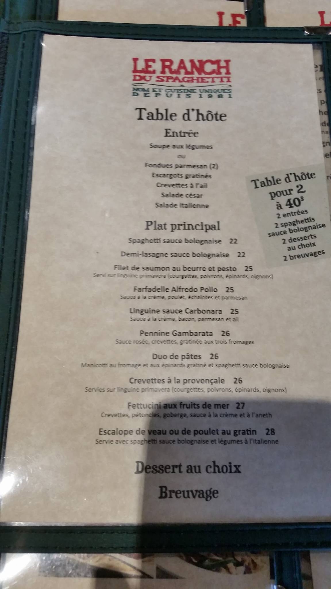 Menu au Ranch Spaghetti Sherbrooke (Le) restaurant, Sherbrooke