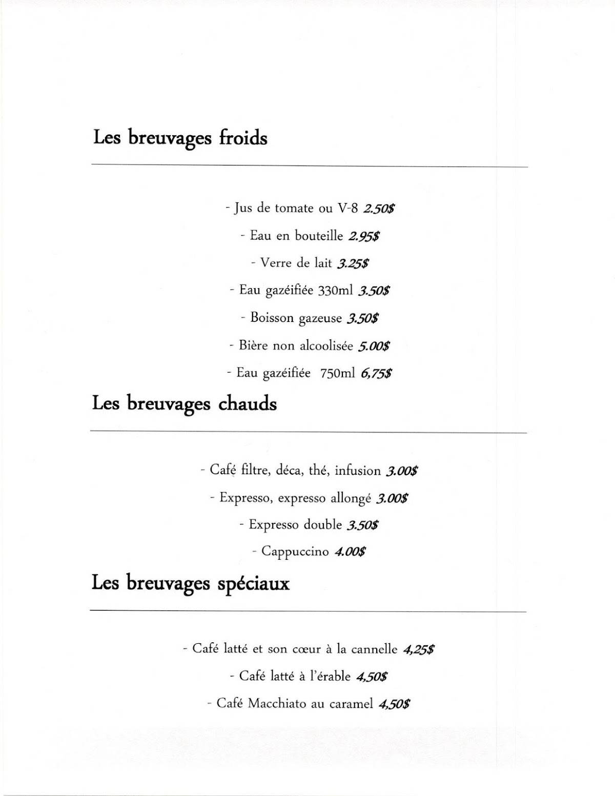 Menu at Restaurant Le Bacchus, Sherbrooke