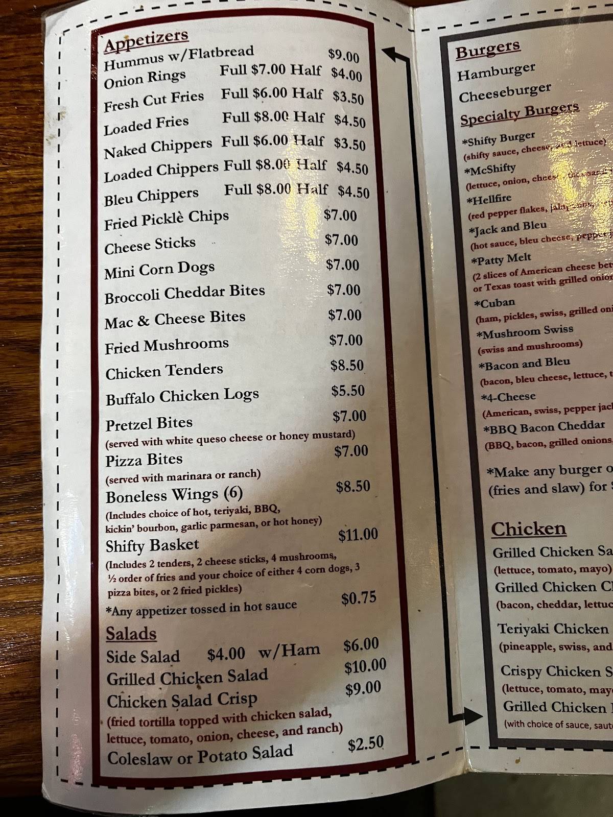 Menu at Shifty's pub & bar, Circleville