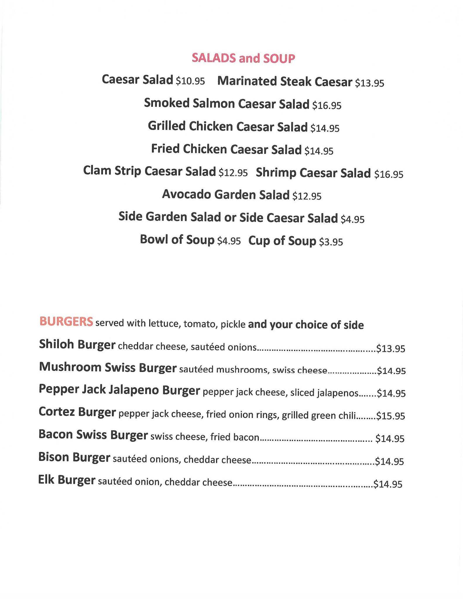 Menu at Shiloh Steak House steakhouse, Cortez, 5 S Veach St