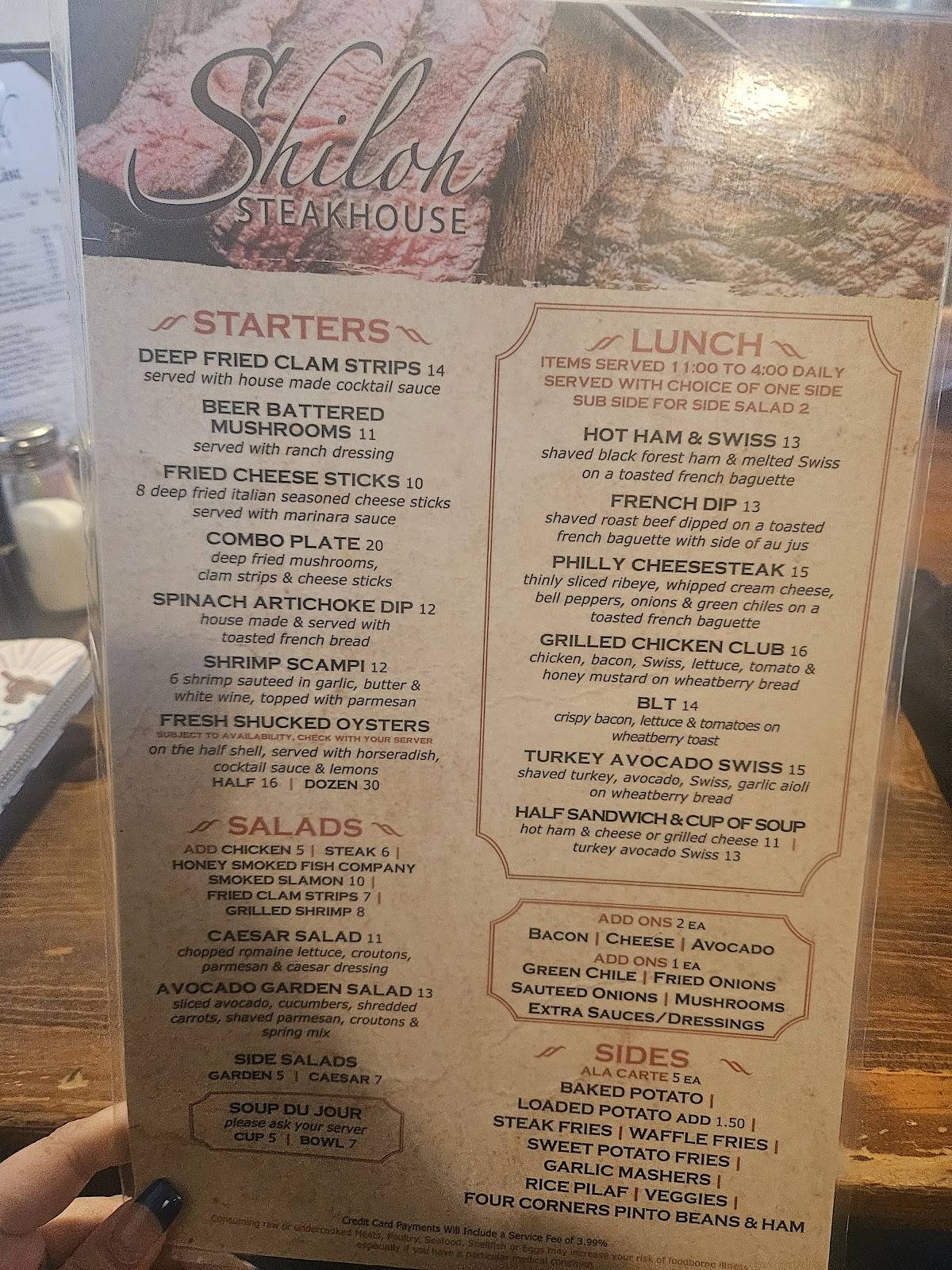 Menu at Shiloh Steak House steakhouse, Cortez, 5 S Veach St