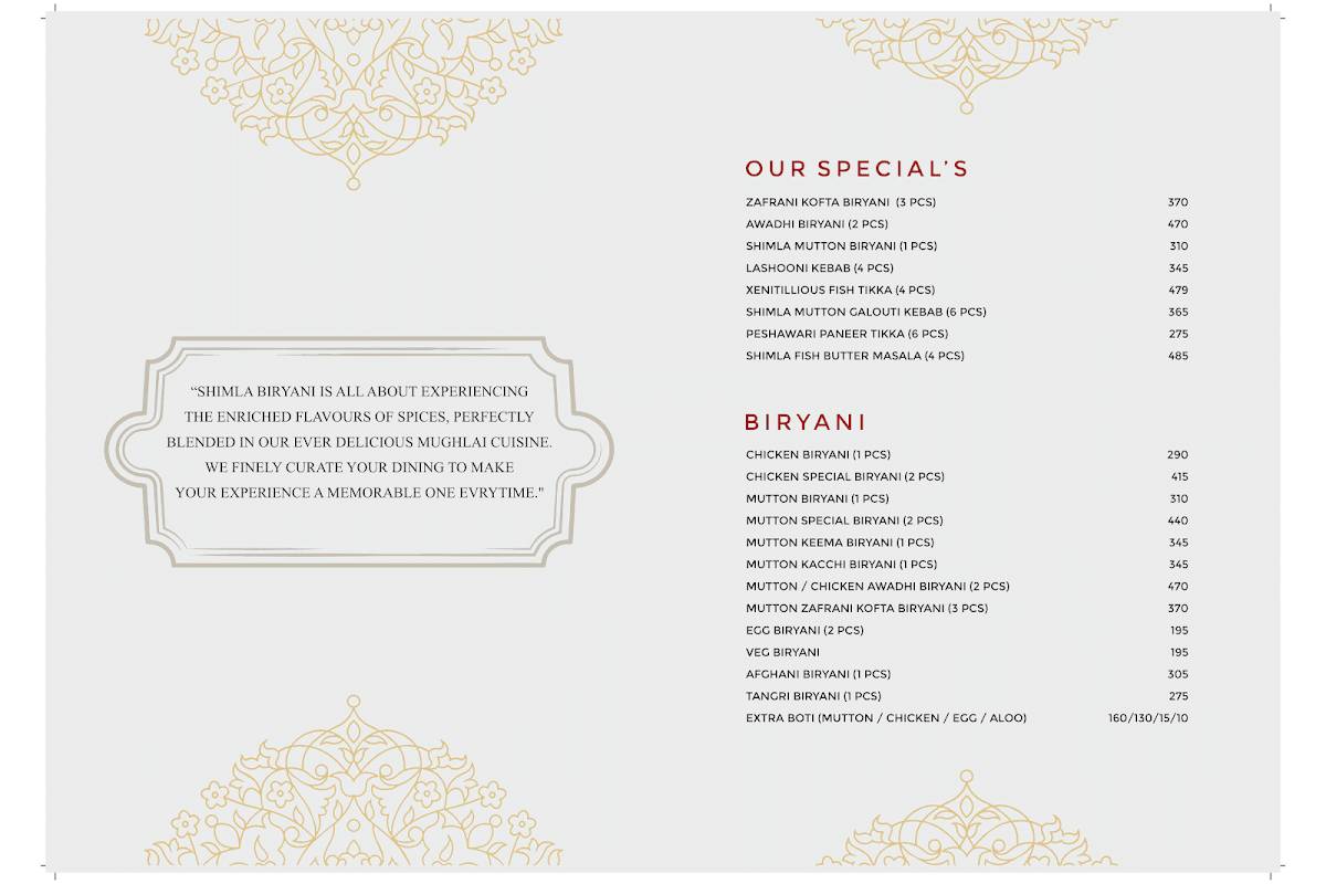 Menu at Shimla Biryani Chinar Park, Kolkata