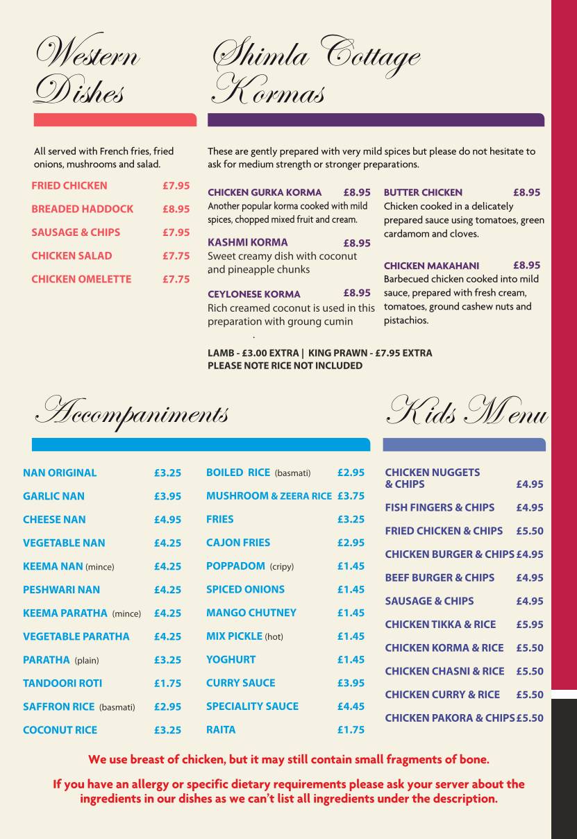 Menu at Shimla Cottage restaurant, Coatbridge