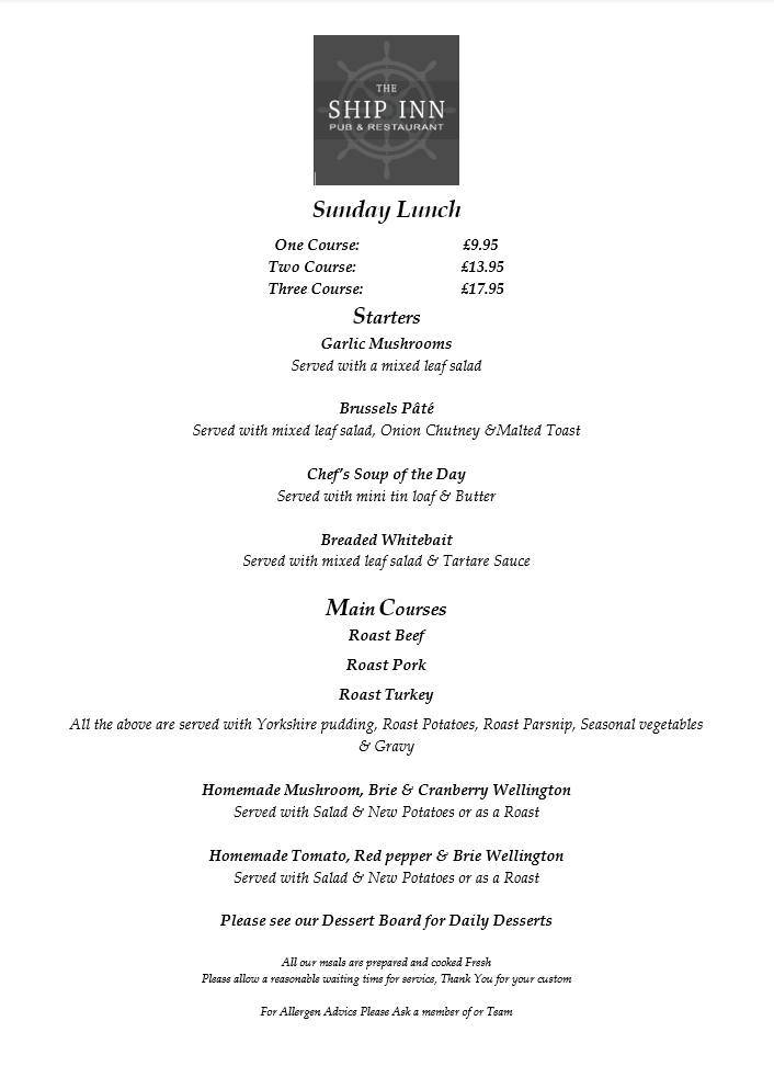 Menu at Ship Inn pub & bar, Billinghay