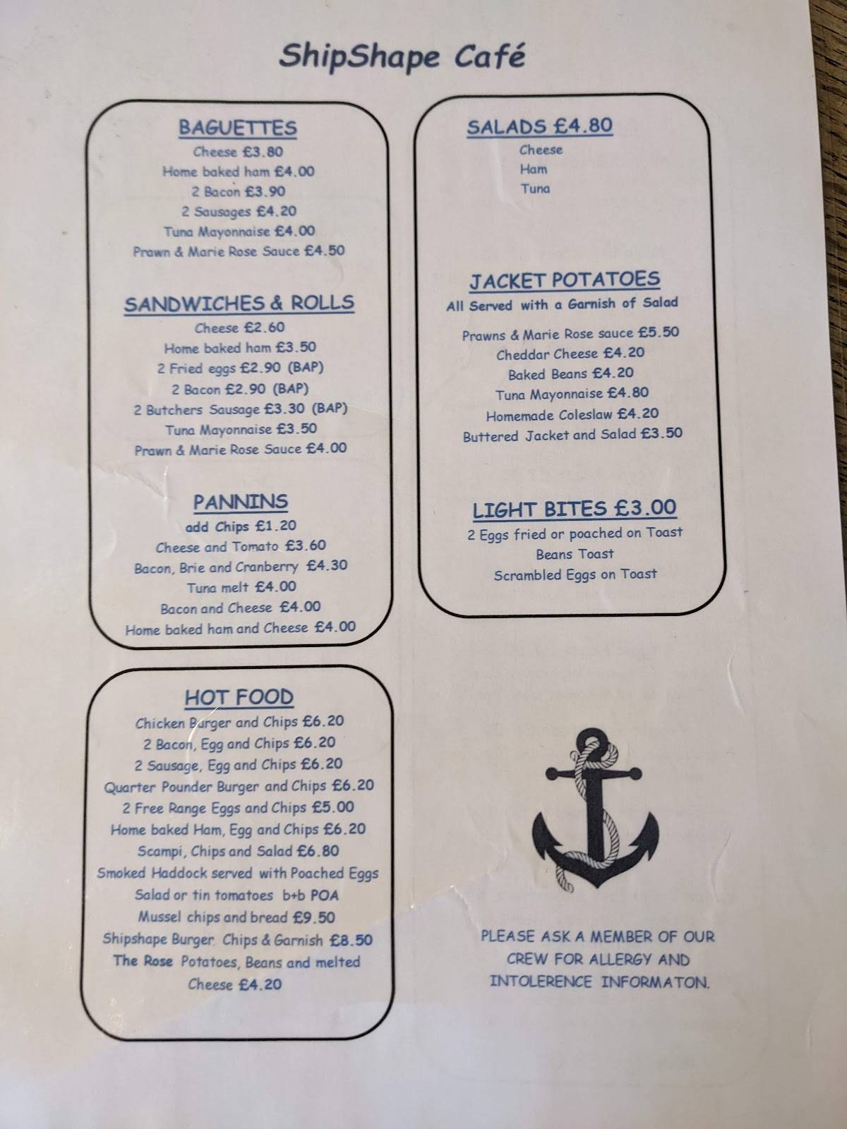 Menu at Ship Shape Cafe Bar, Ramsgate