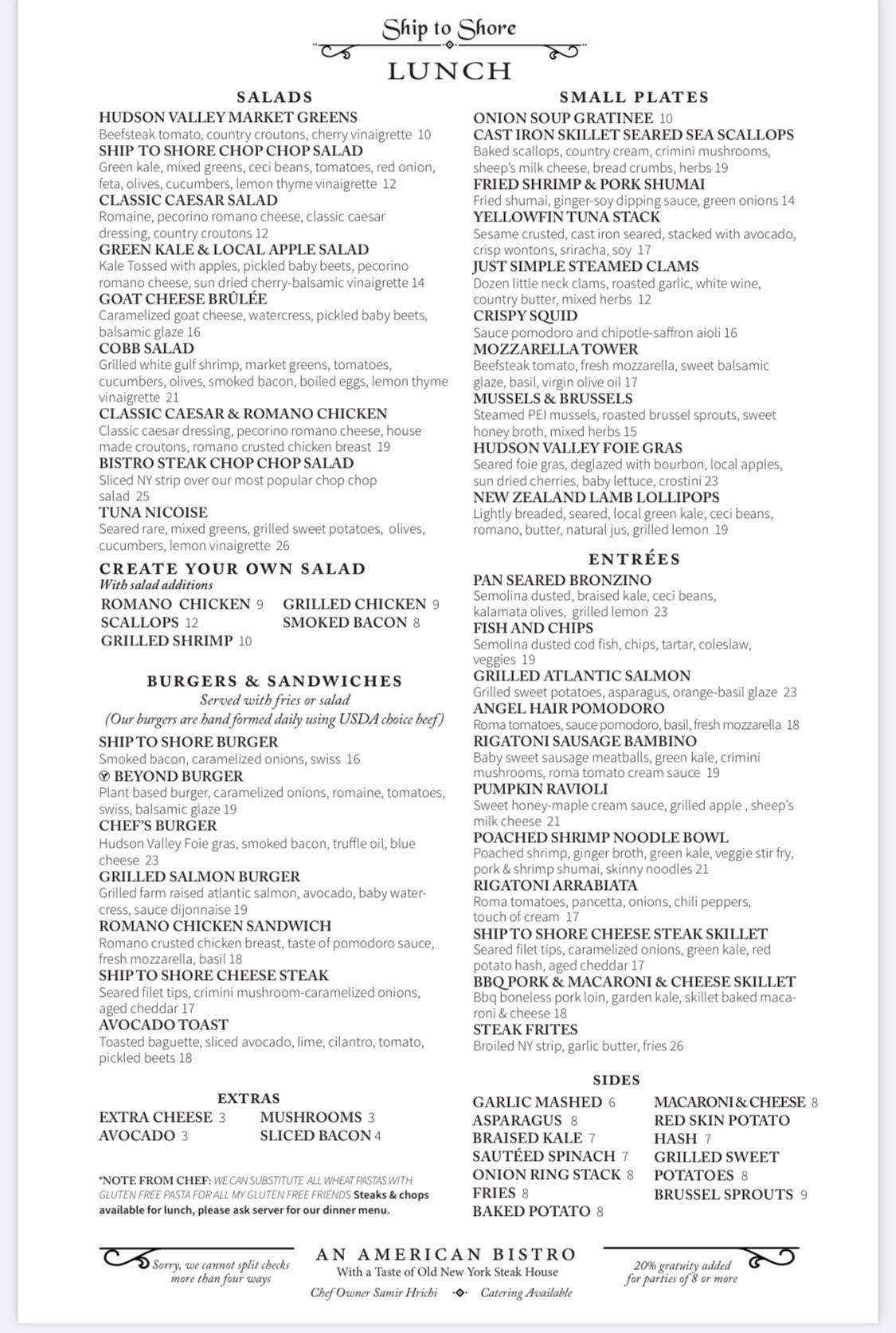 Menu at Ship to Shore steakhouse, Kingston