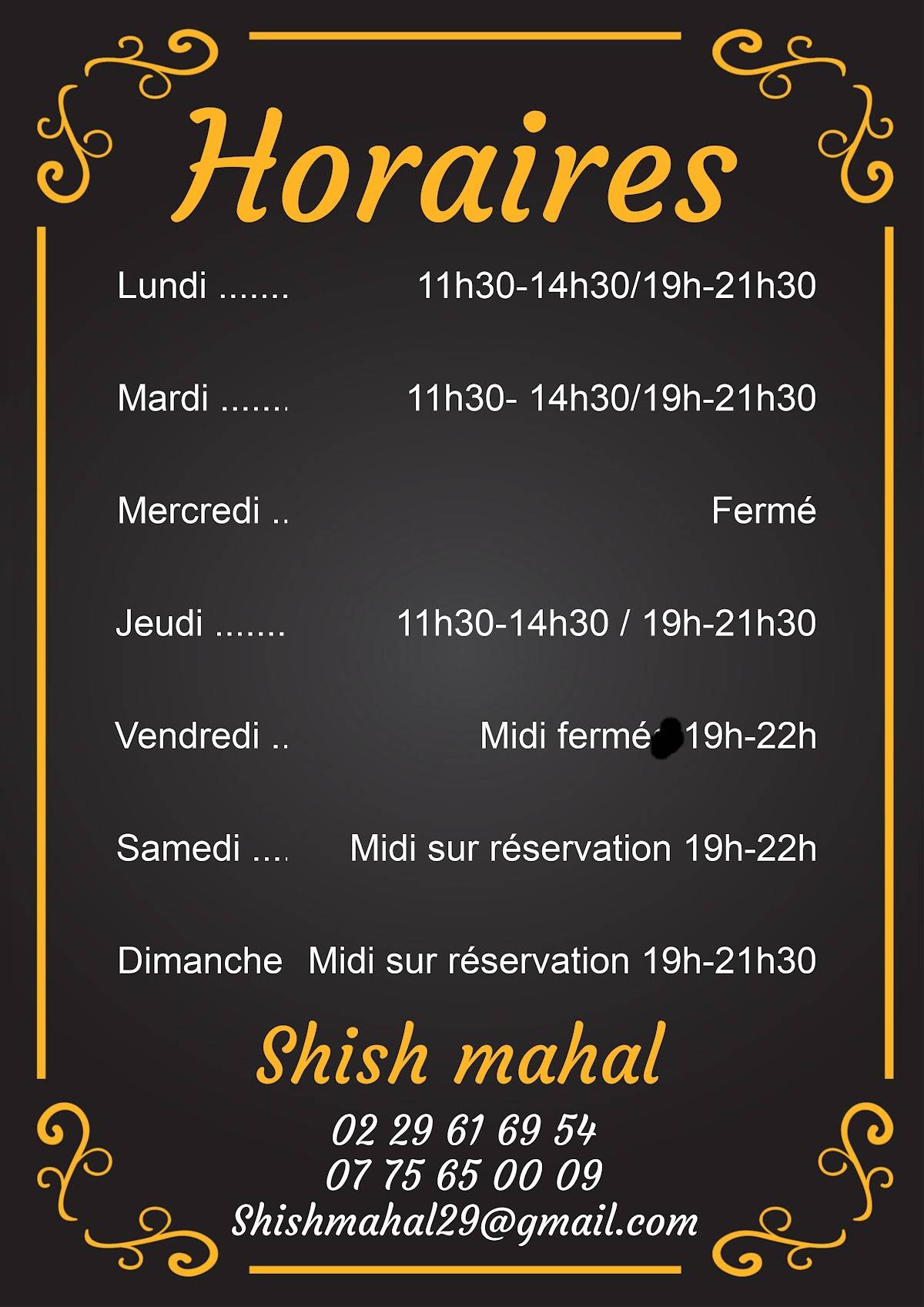 Menu at Shish Mahal restaurant, Landerneau