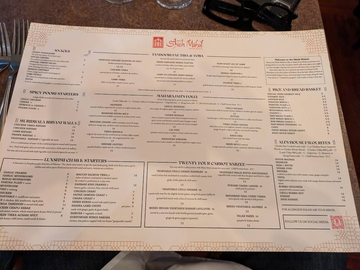 Menu at Shish Mahal Restaurant, Glasgow, 60-68 Park Rd