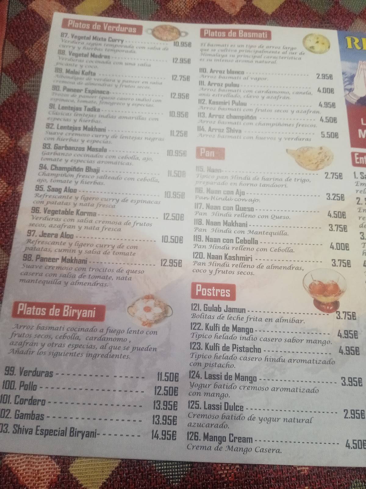 Menu at Shiva Nepali Indian Restaurant and Bar, Alcala de Henares