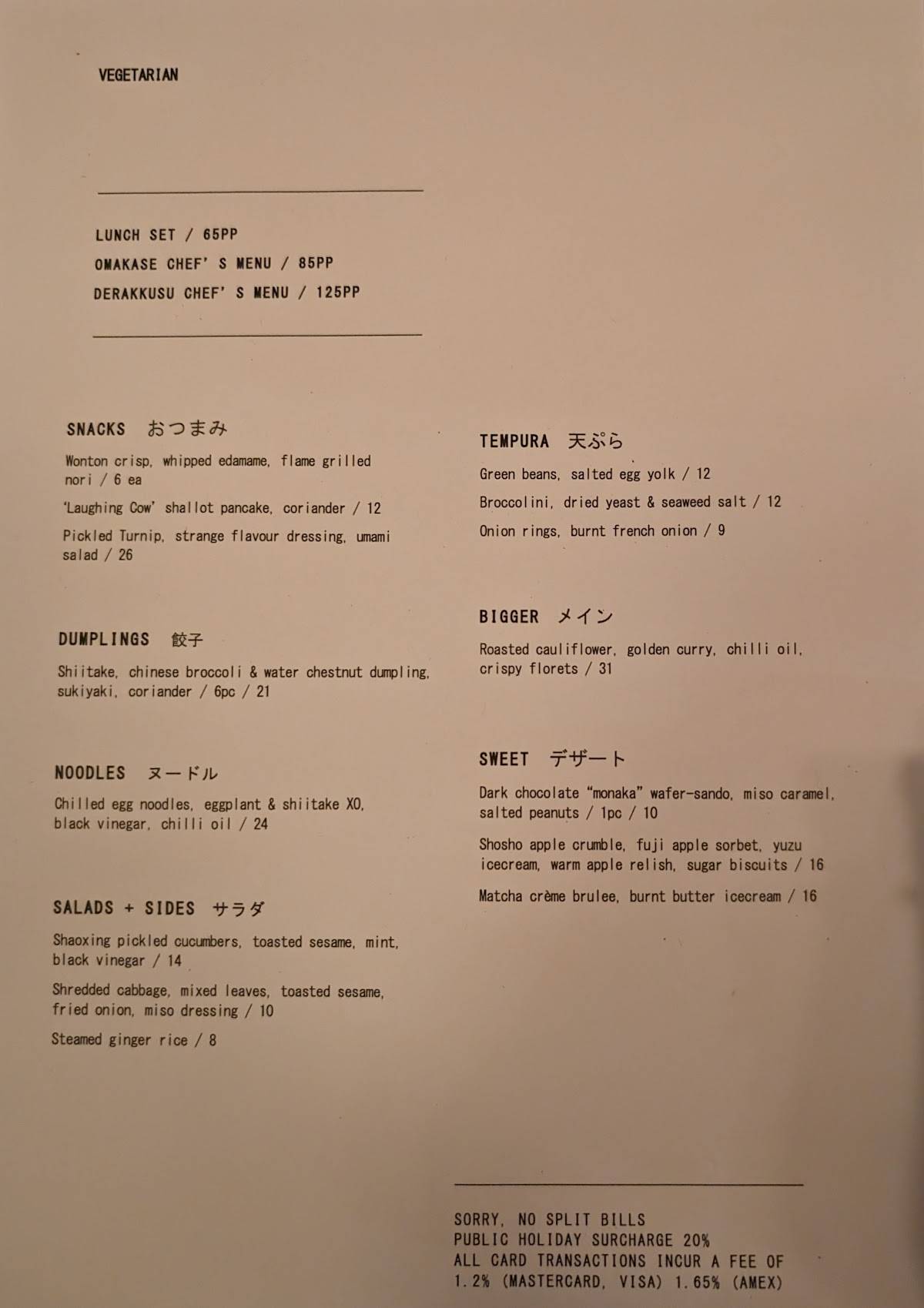 Menu at ShoSho restaurant, Hyde Park