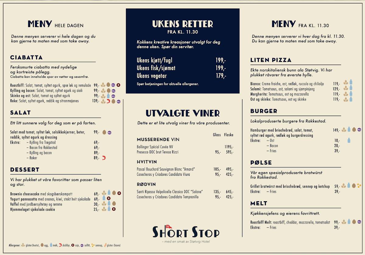 Menu at Short Stop restaurant, Norway
