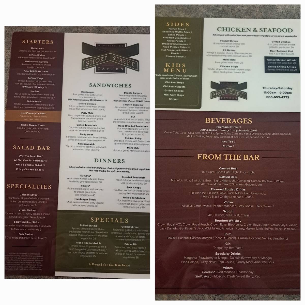 Menu at Short Street Tavern pub & bar, Montrose