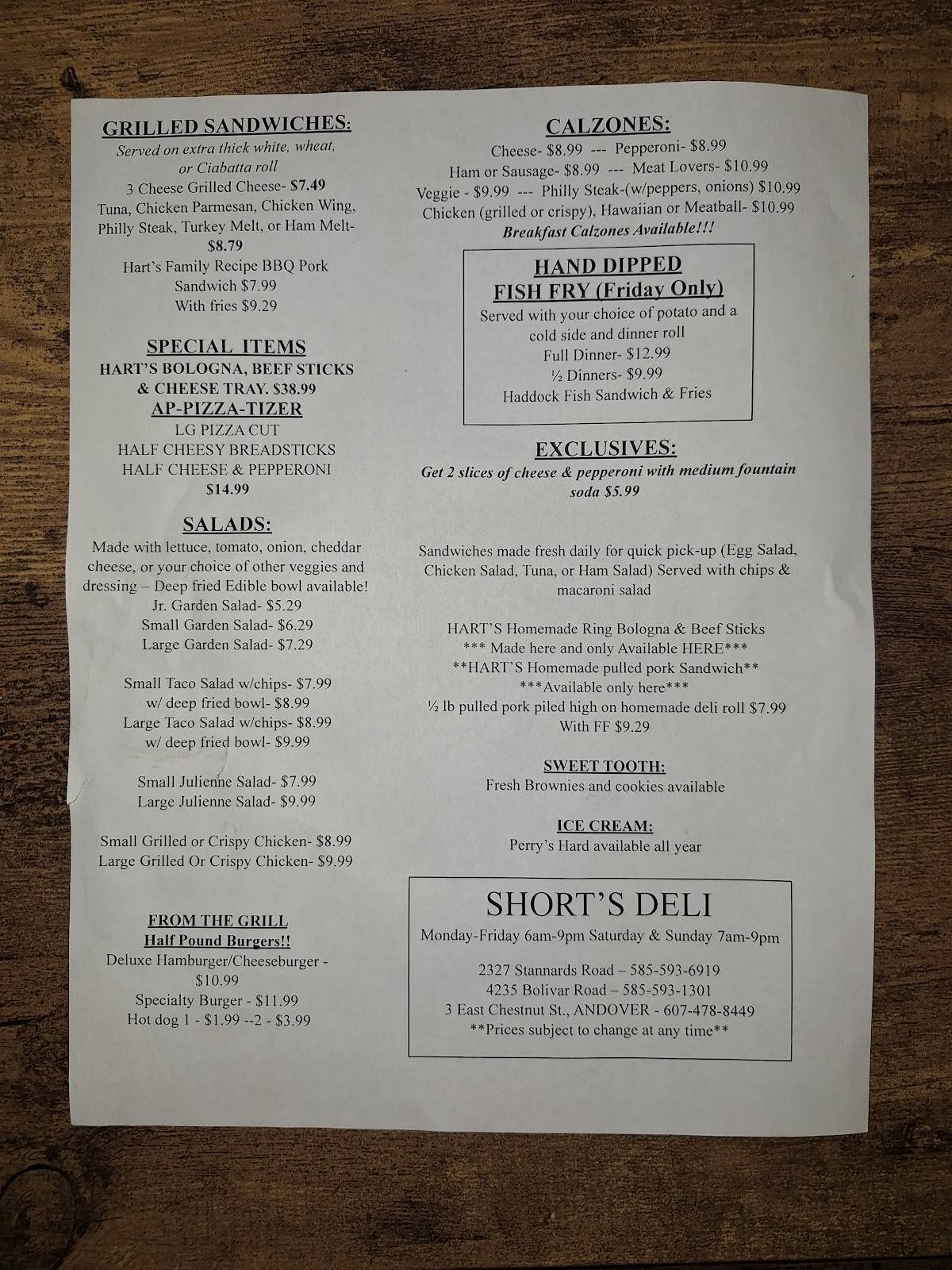 Menu at Short's Deli restaurant, Wellsville, Stannards Rd