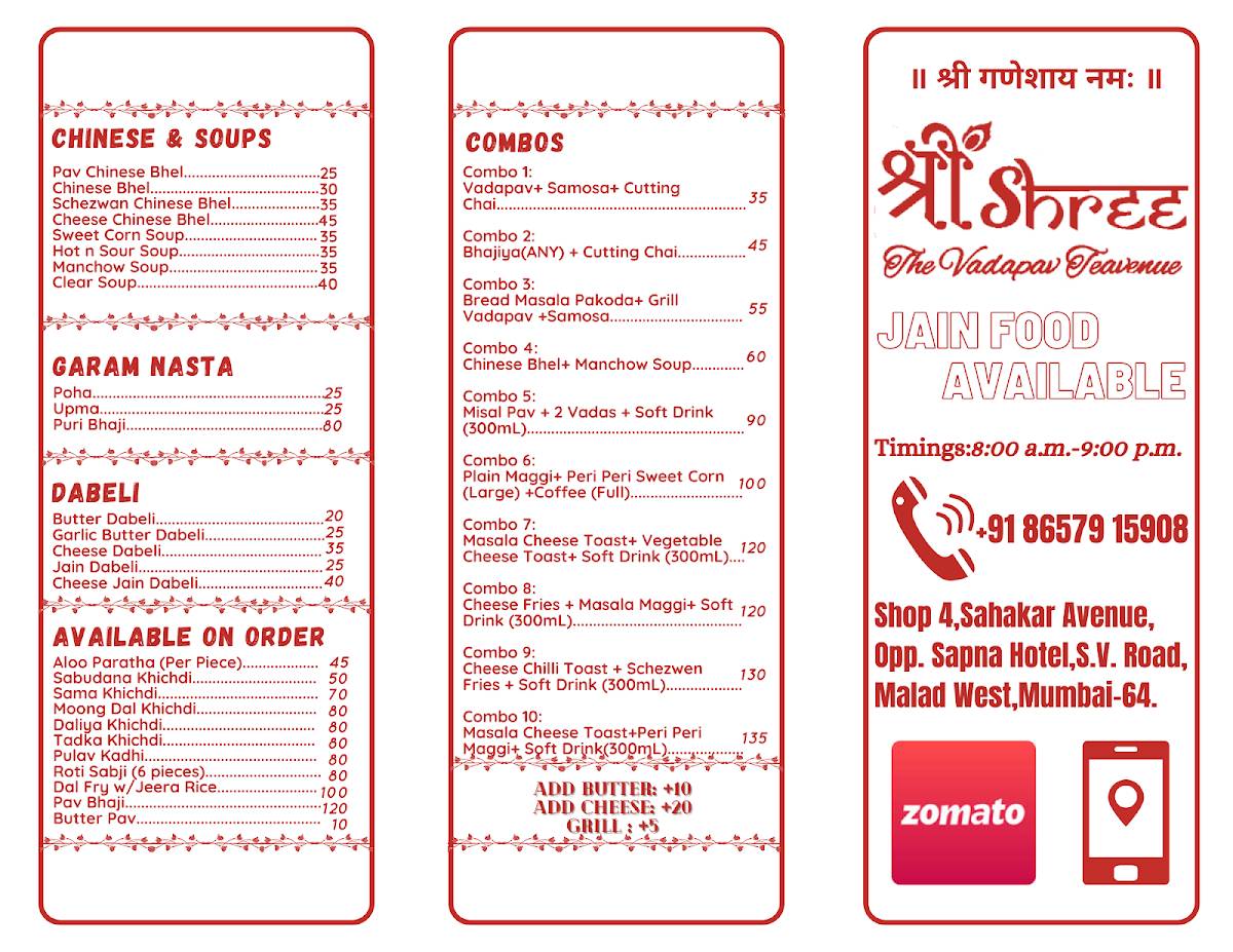 Menu at Shree: The Vadapav Teavenue, Mumbai