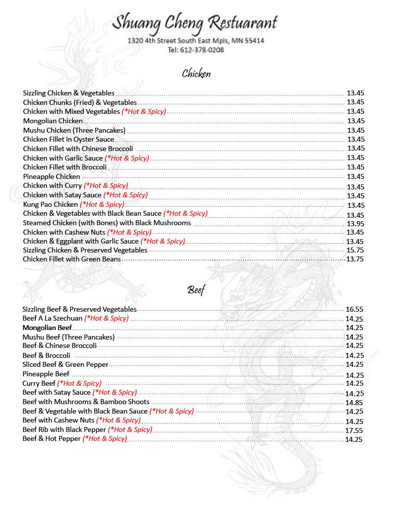 Menu at Shuang Cheng restaurant, Minneapolis