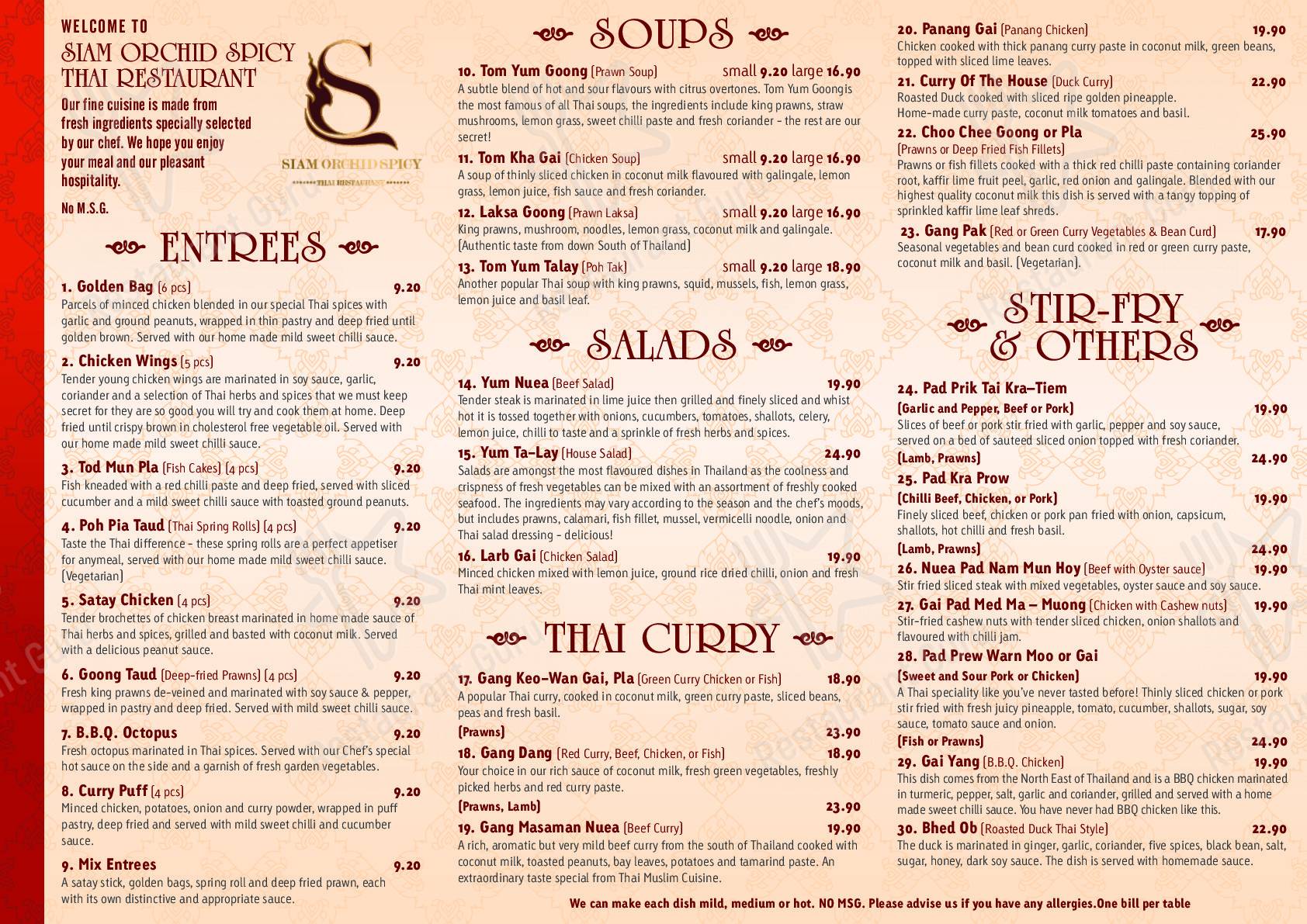 Menu at Siam Orchid Spicy restaurant, Stratford