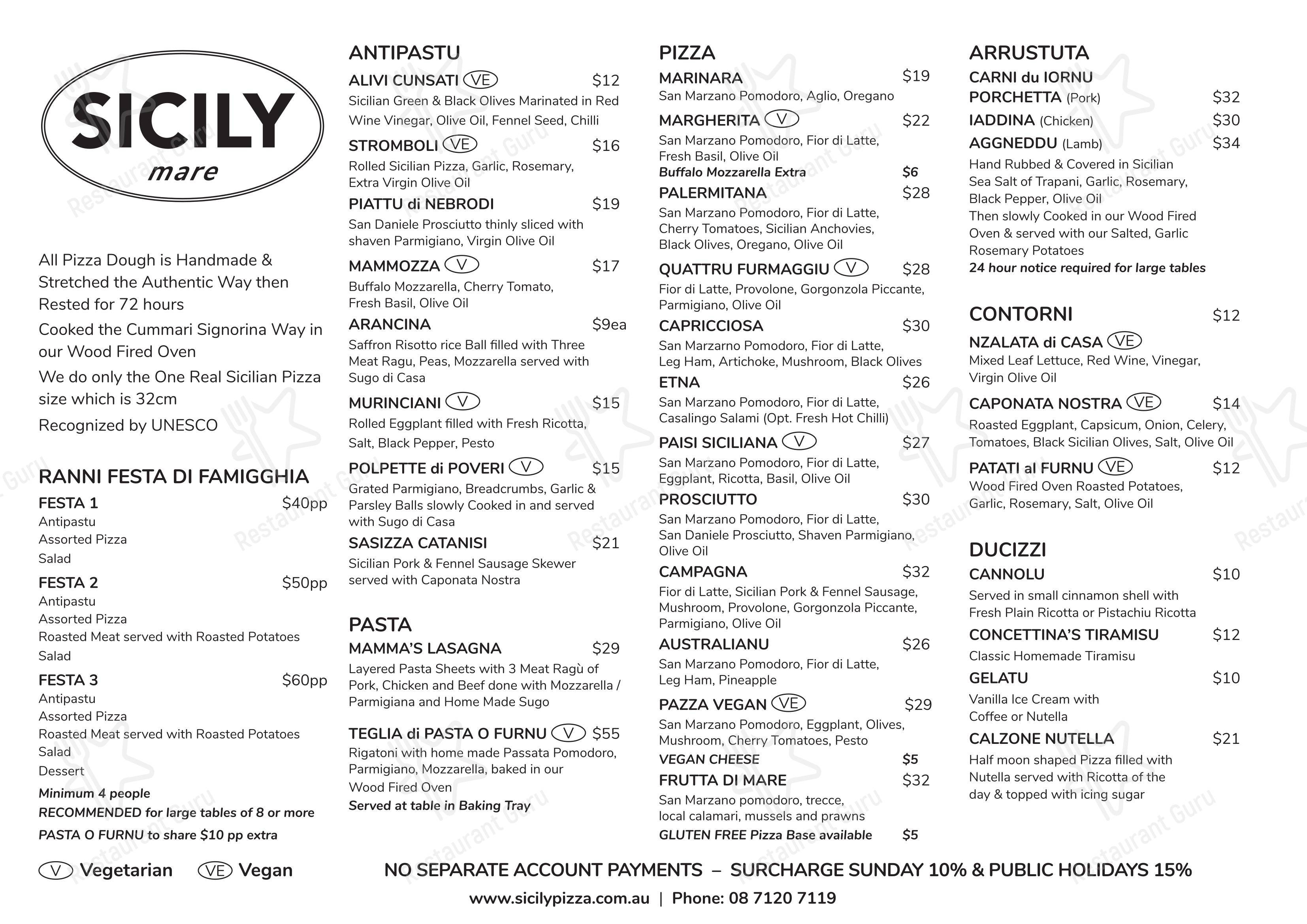 Menu at Sicily Pizzeria e Bar, Adelaide