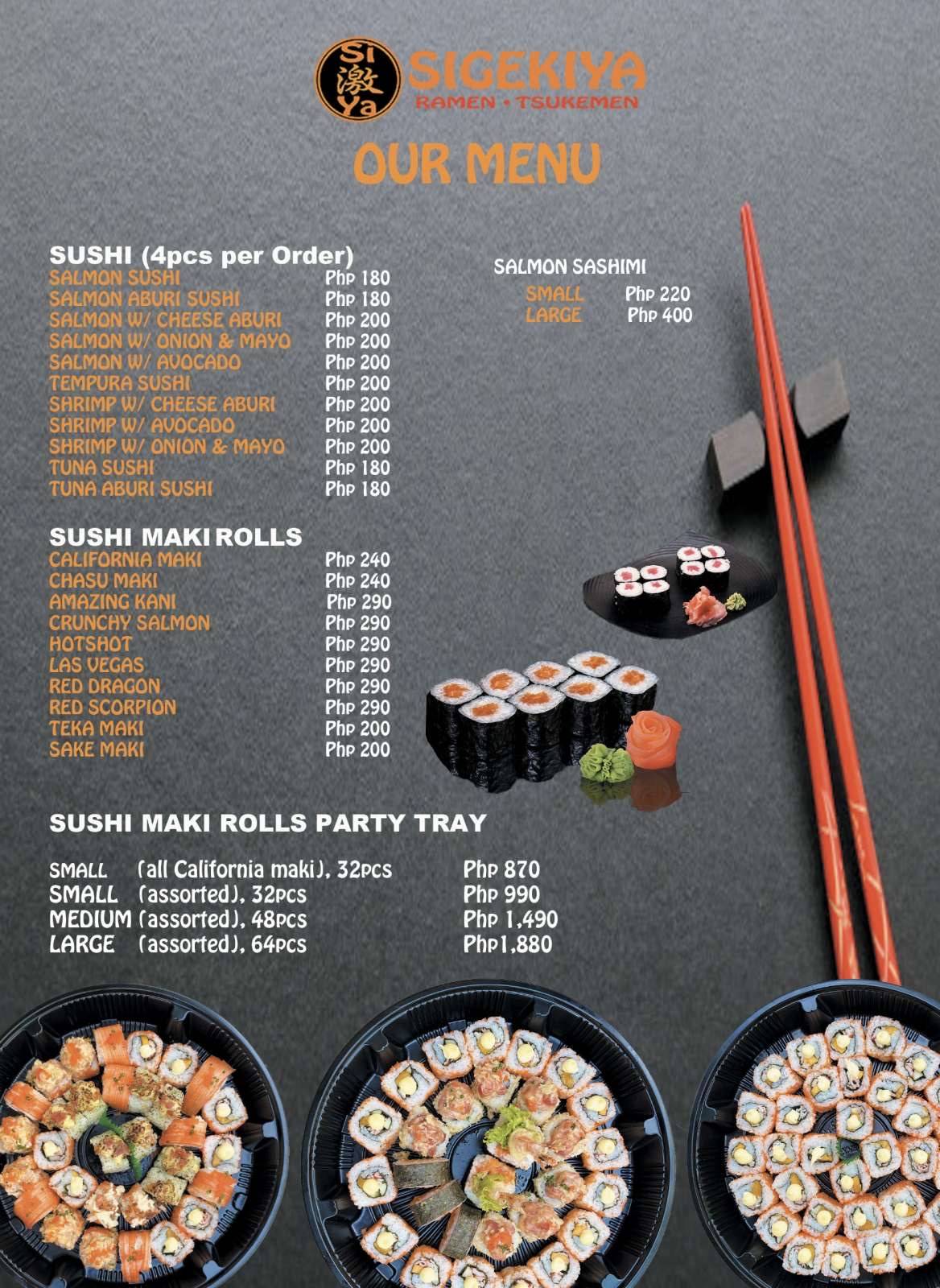 Menu at Sigekiya Ramen restaurant, Muntinlupa