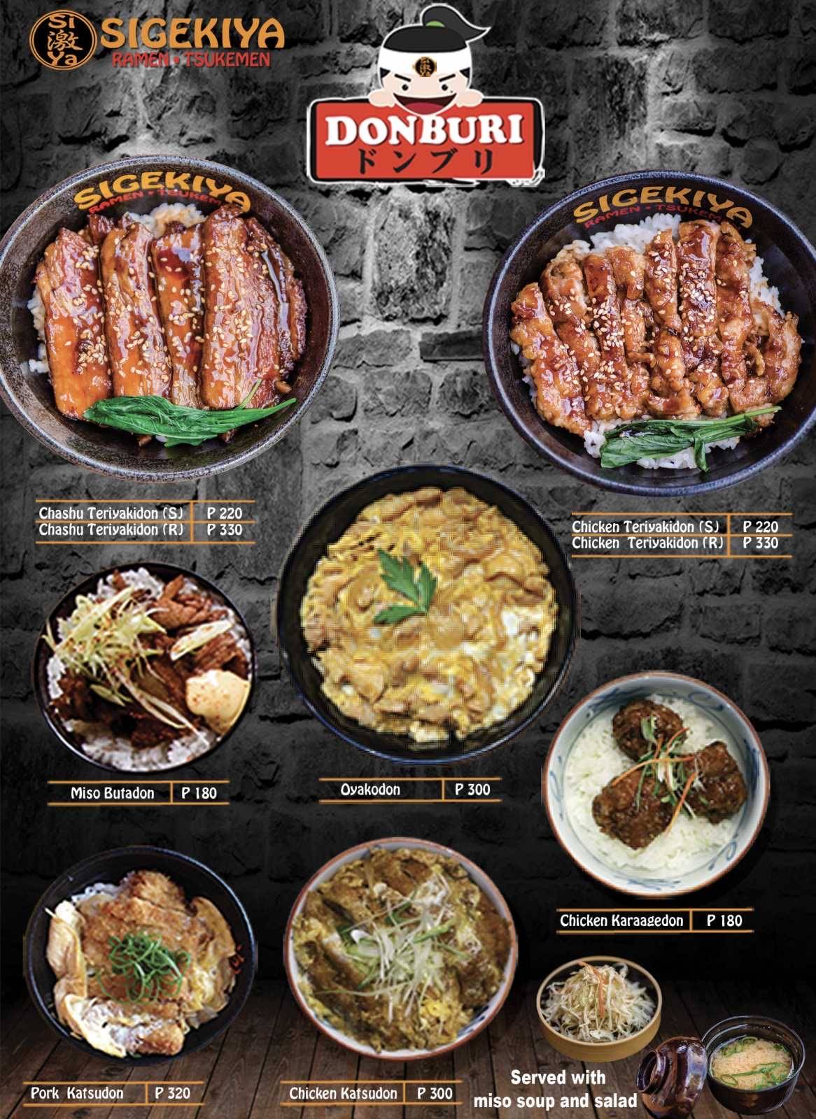 Menu at Sigekiya Ramen restaurant, Muntinlupa