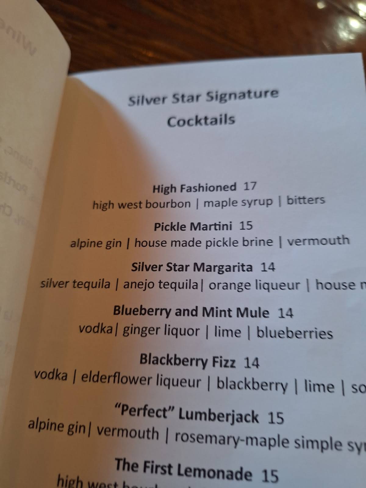 Menu at Silver Star Cafe, Park City