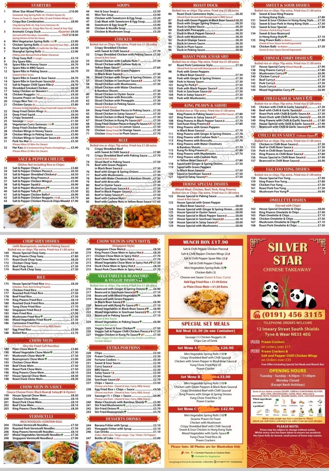 Menu at Silver Star fast food, South Shields