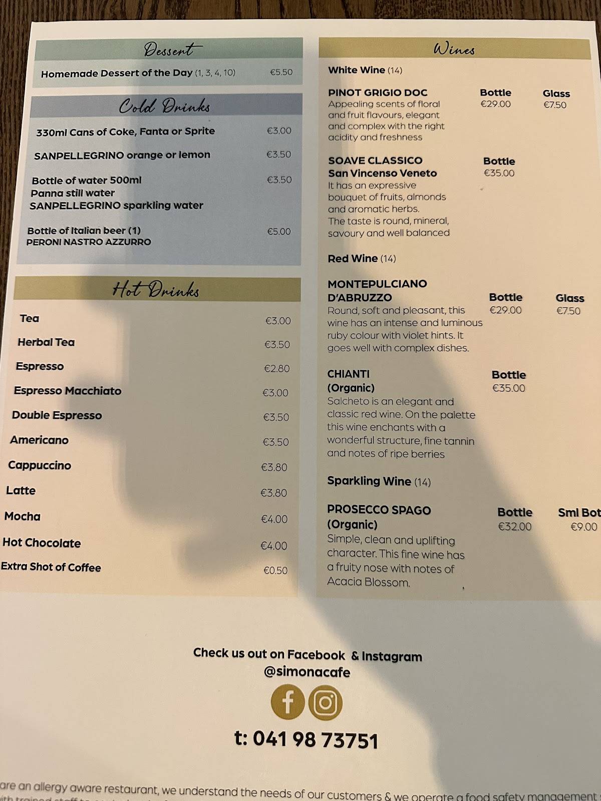 Menu at Simona Italian Fine Foods restaurant, Drogheda