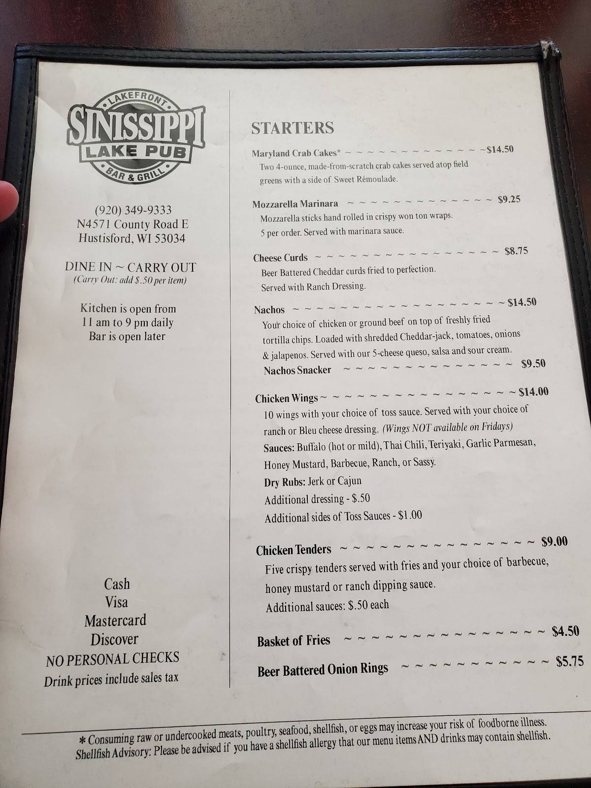Menu at Sinissippi Lake Pub, Hustisford