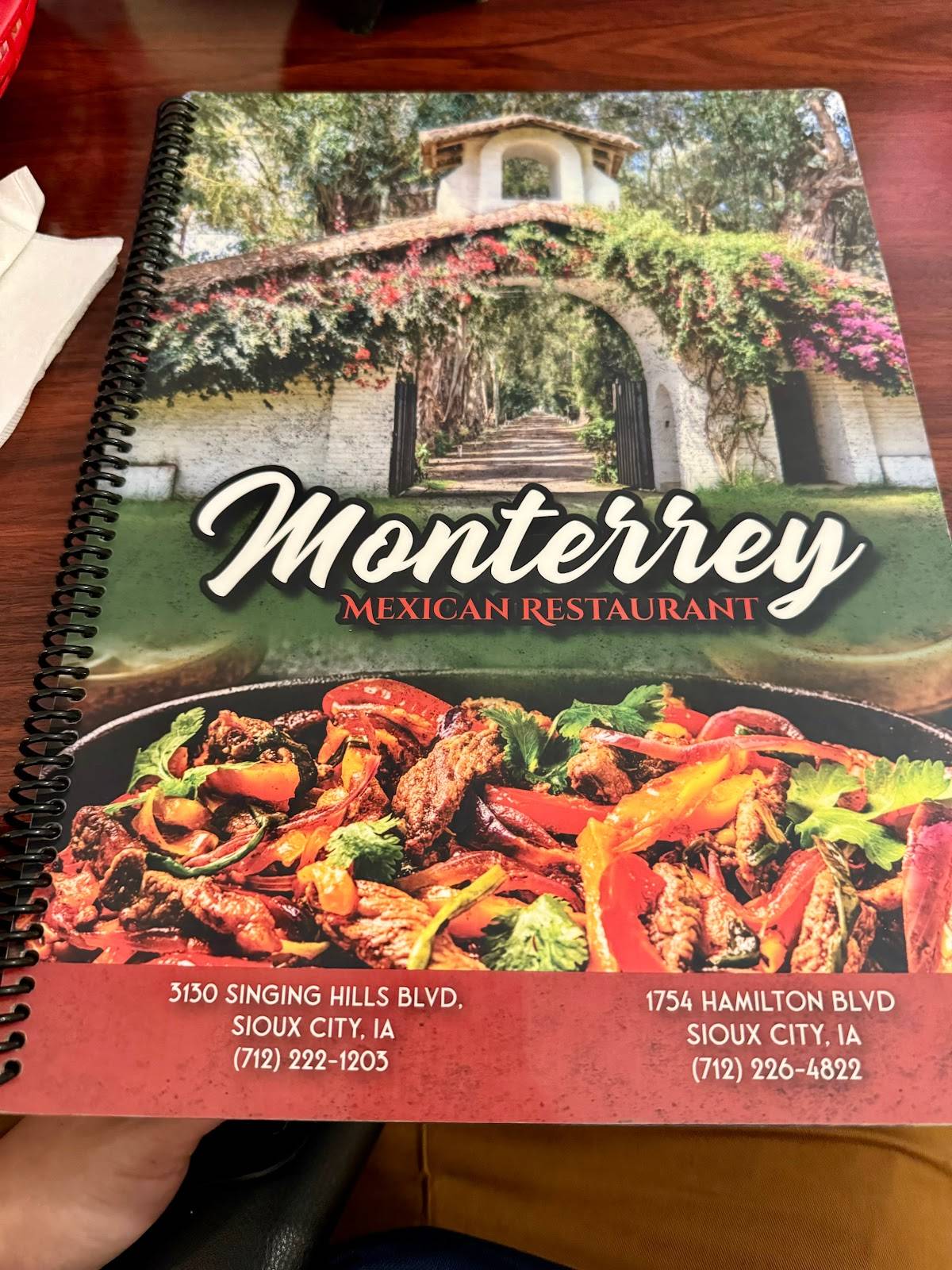 Menu at Monterrey Mexican restaurant, Sioux City, Hamilton Blvd