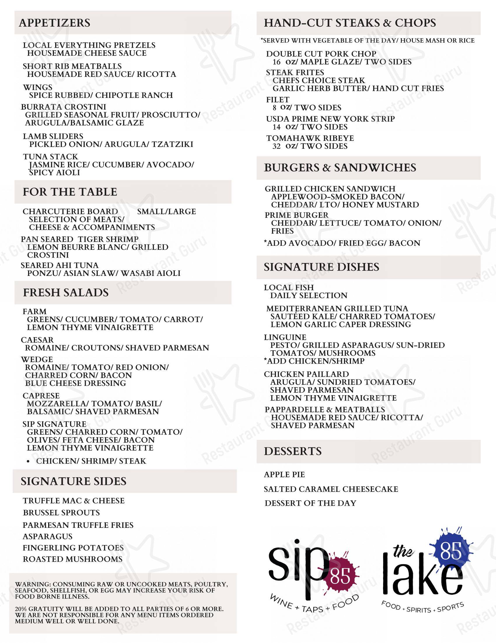 Menu at Sip85 steakhouse, Palm Harbor