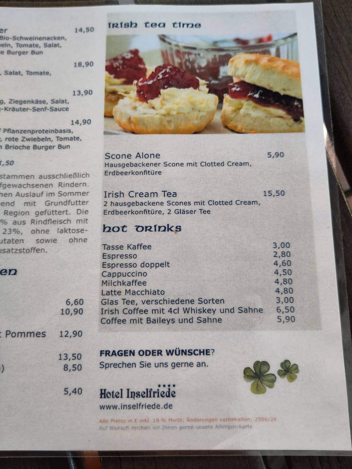 Menu at Sir George's Pub, Spiekeroog