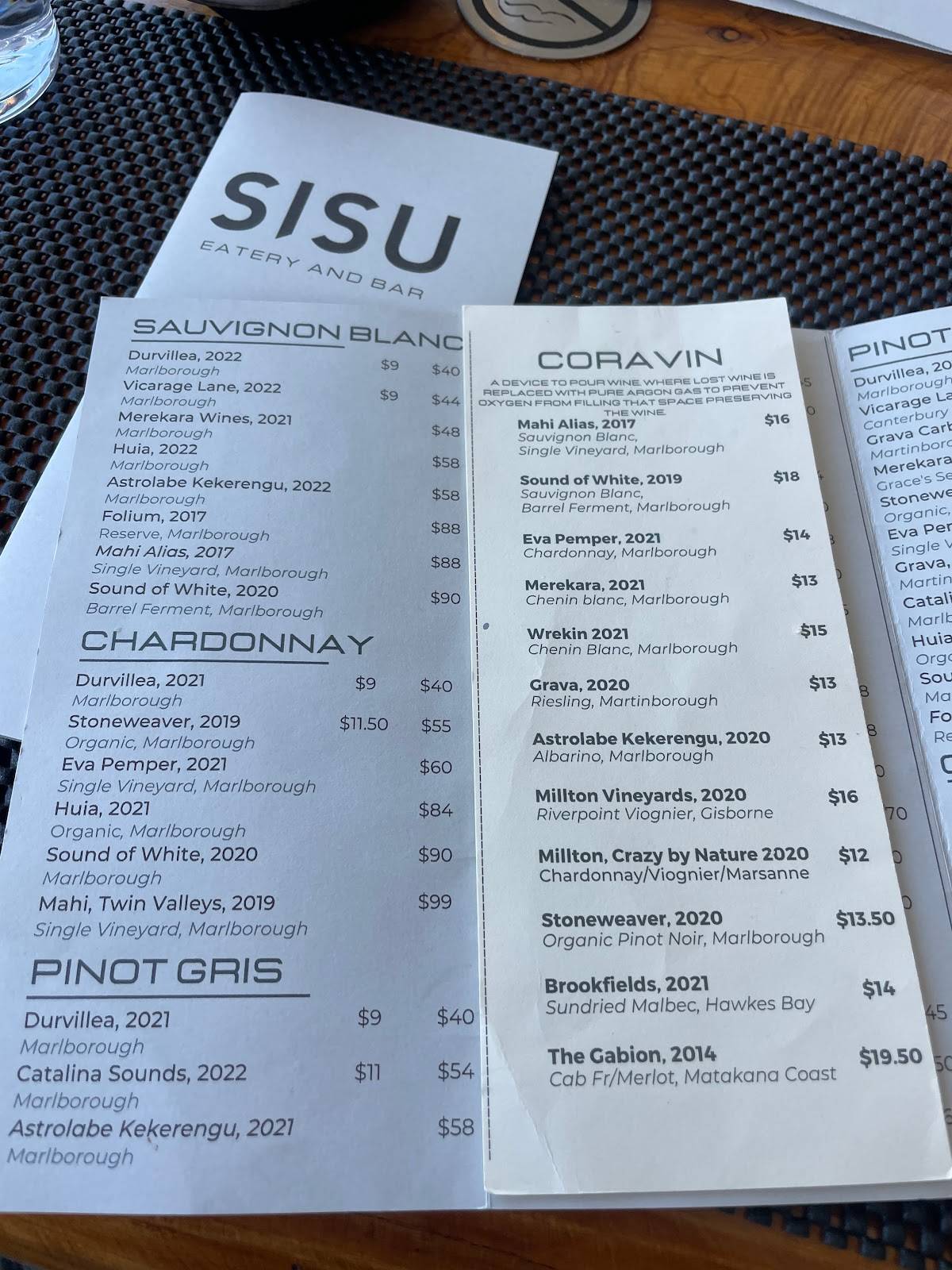 Carta de Sisu Eatery and Bar, Picton