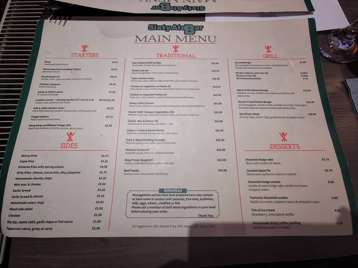 Menu at Sixty Ate Bar and Kitchen, Clydebank