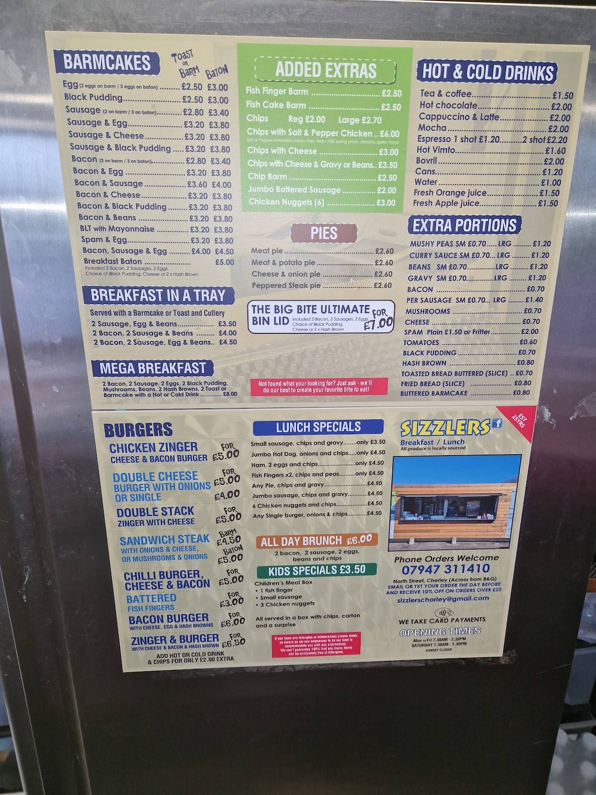 Menu at Sizzlers fast food, Chorley