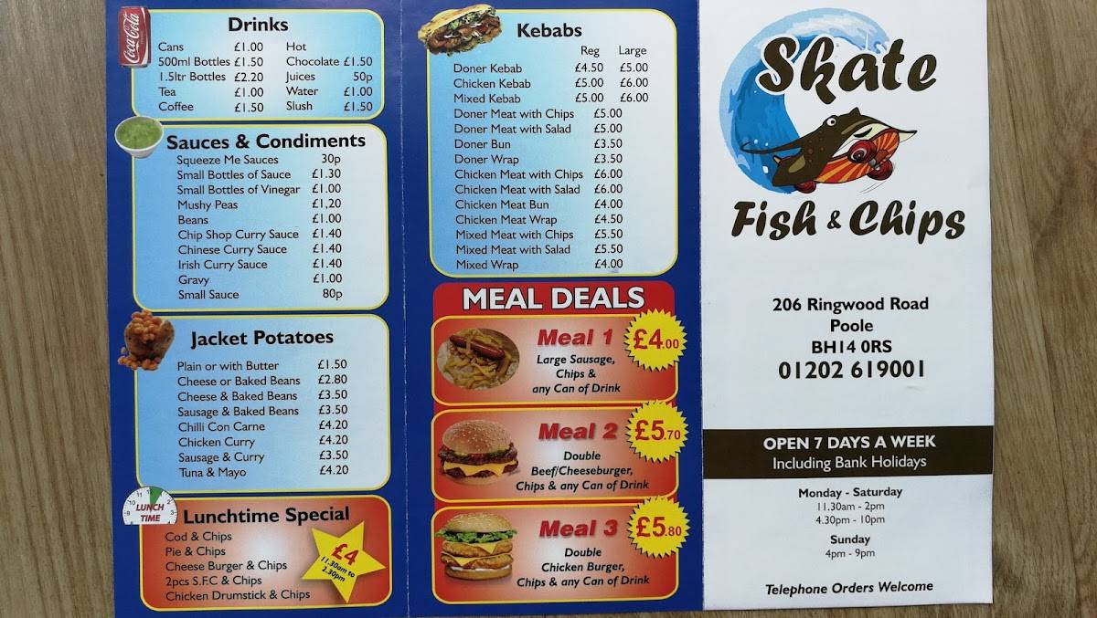 Menu at Skate Fish and Chips restaurant, Poole