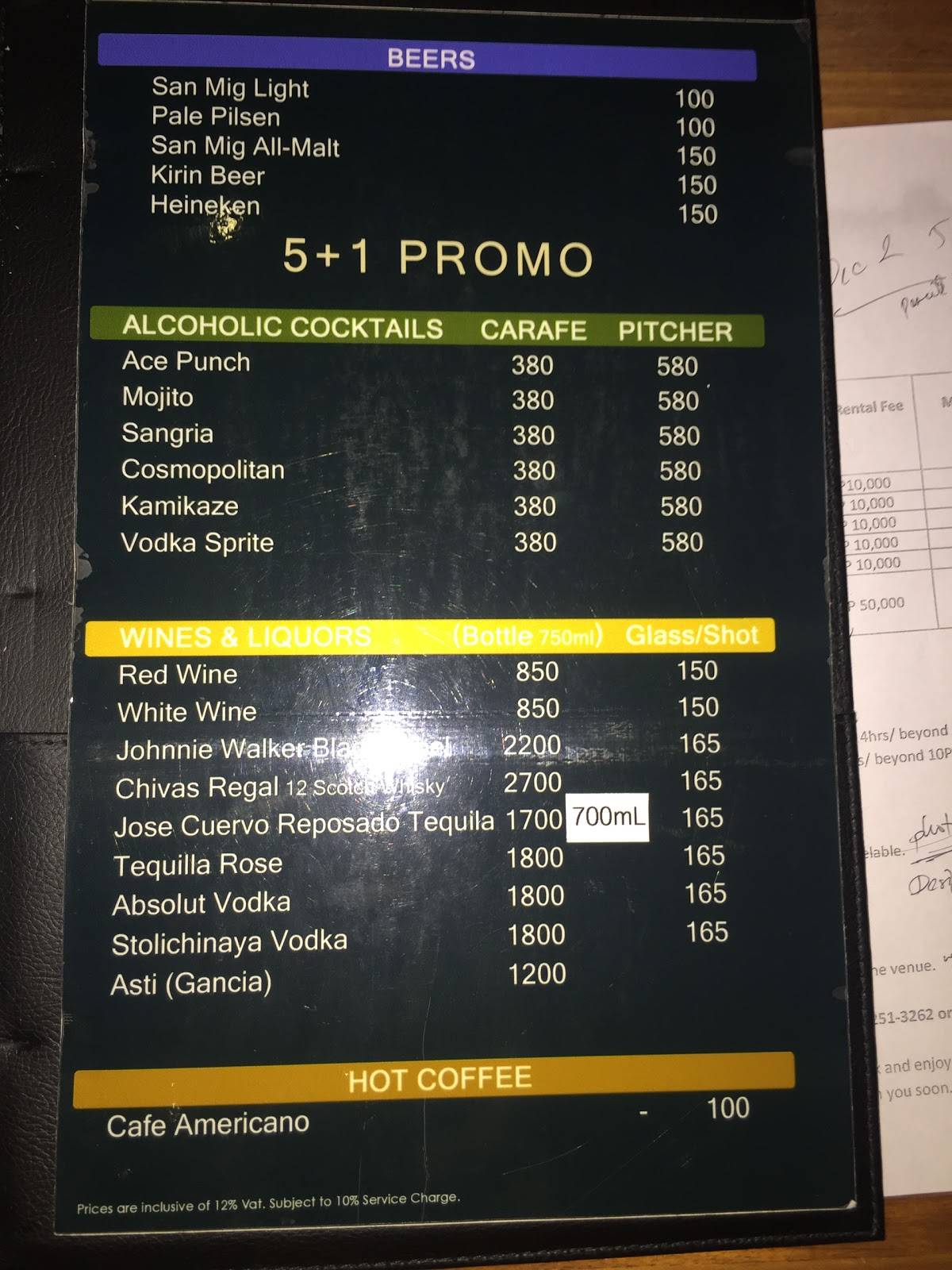 Menu at Sky High Bar, Pasig