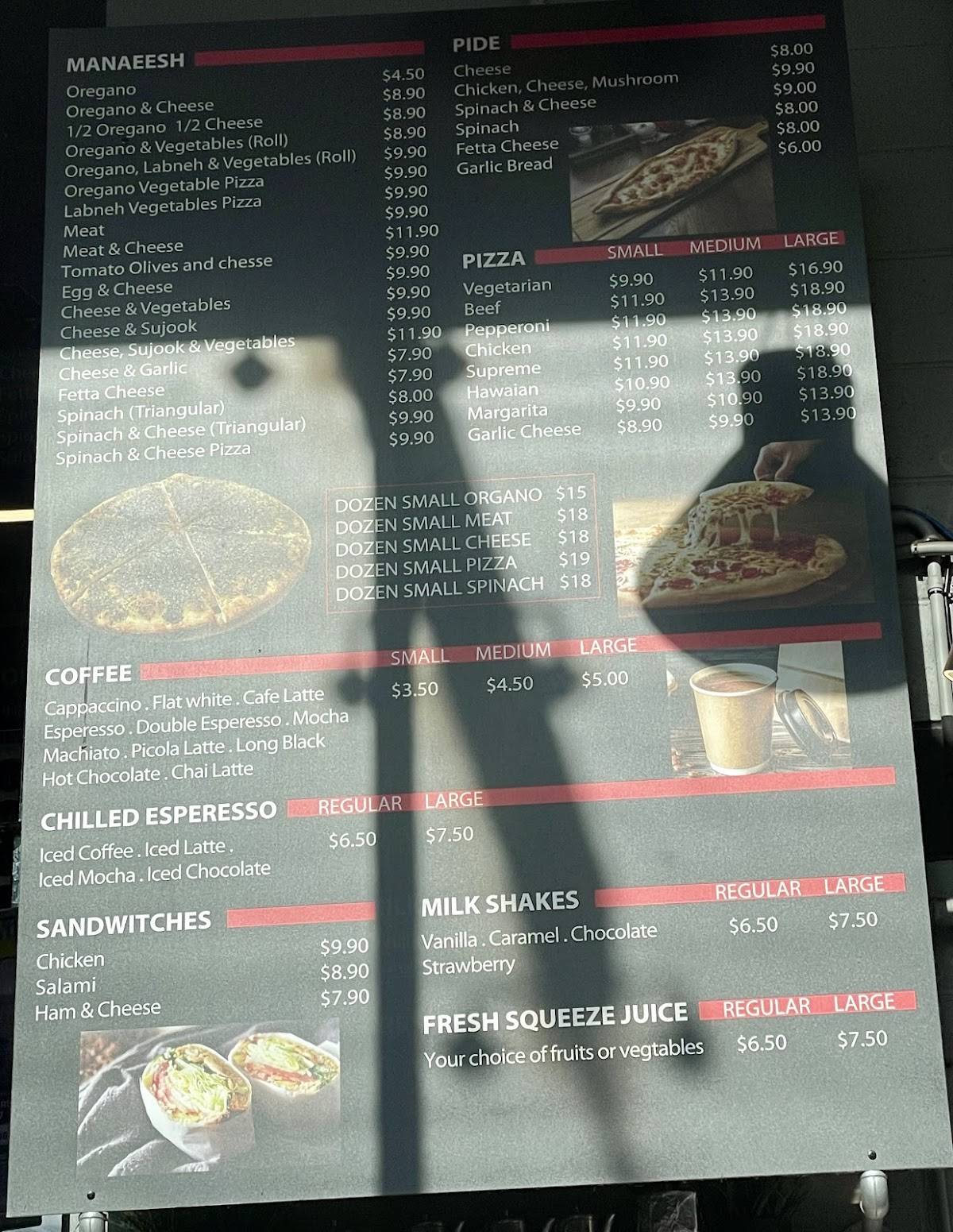 Menu at Skyrise pizza cafe, Parramatta