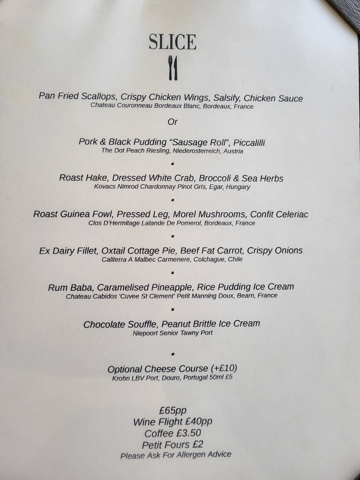 Menu at Slice restaurant, Swansea