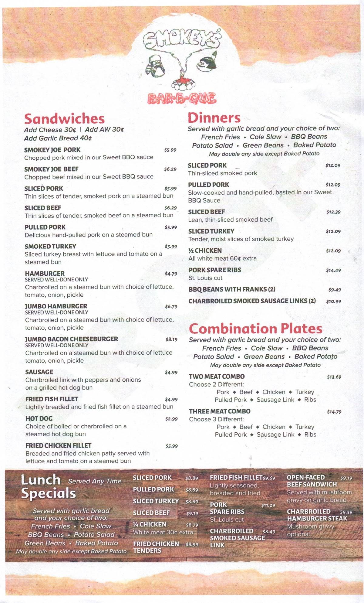 Menu at Smokey's BBQ, Pensacola, Pensacola Blvd