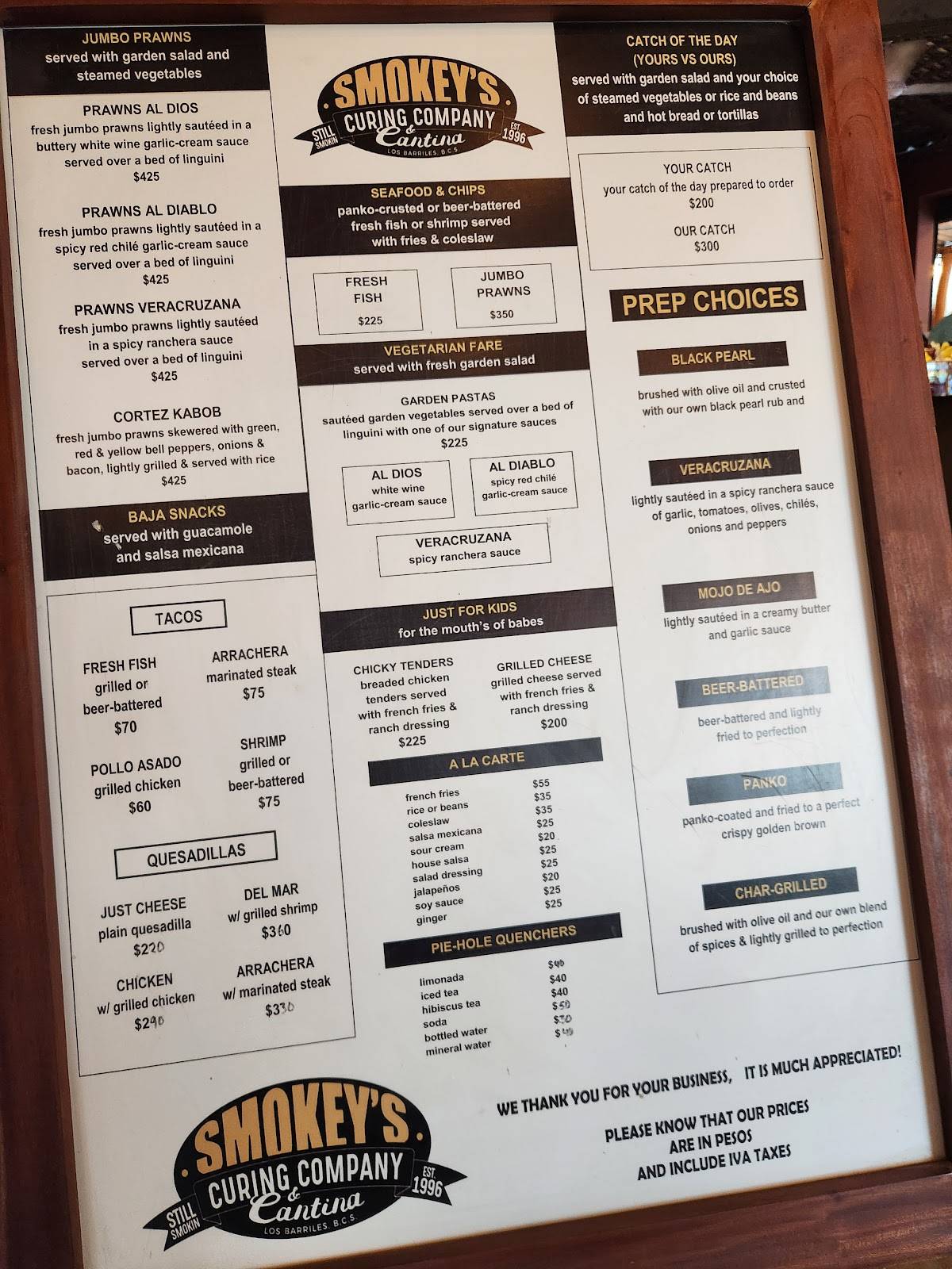 Menu at Smokey’s Curing Company & Cantina pub & bar, Los Barriles