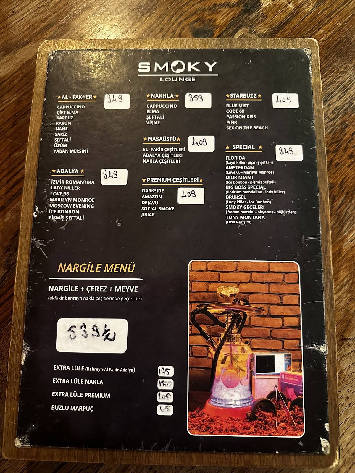 Menu at Smoky Lounge, Istanbul, Ihlamurdere Cd. No:117