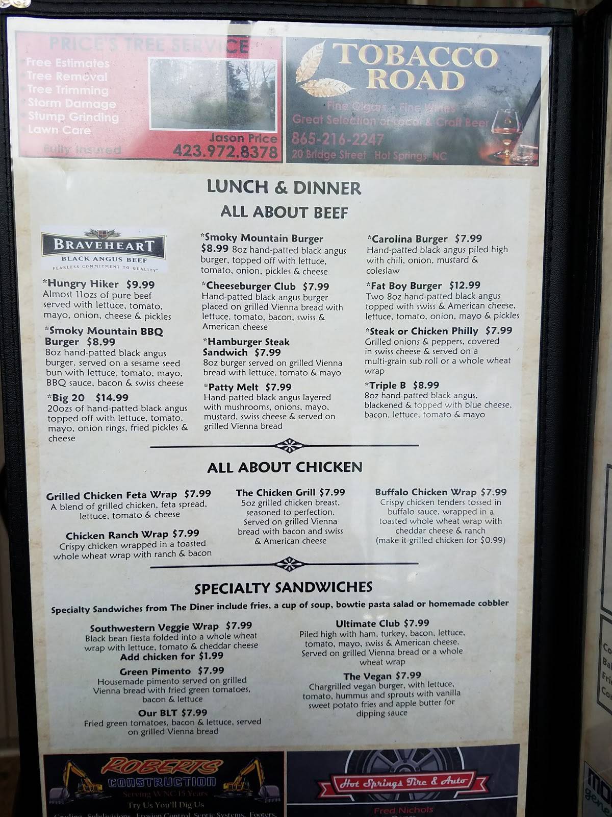 Menu at Smoky Mountain Diner restaurant, Hot Springs