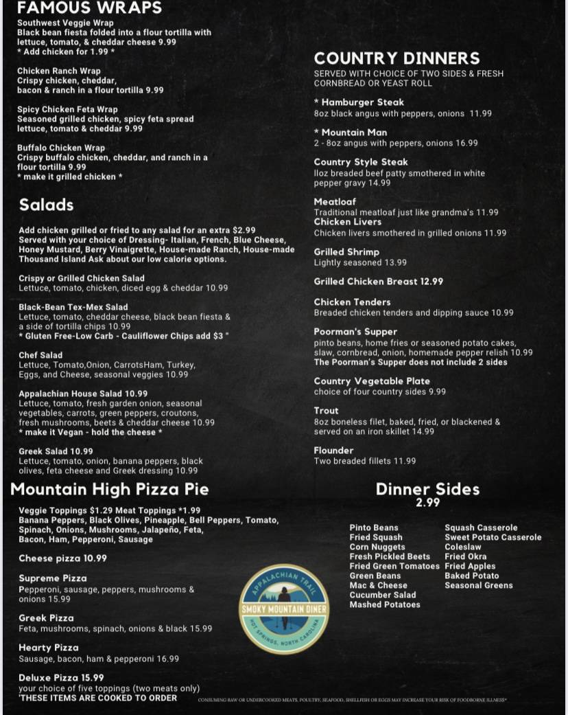 Menu at Smoky Mountain Diner restaurant, Hot Springs