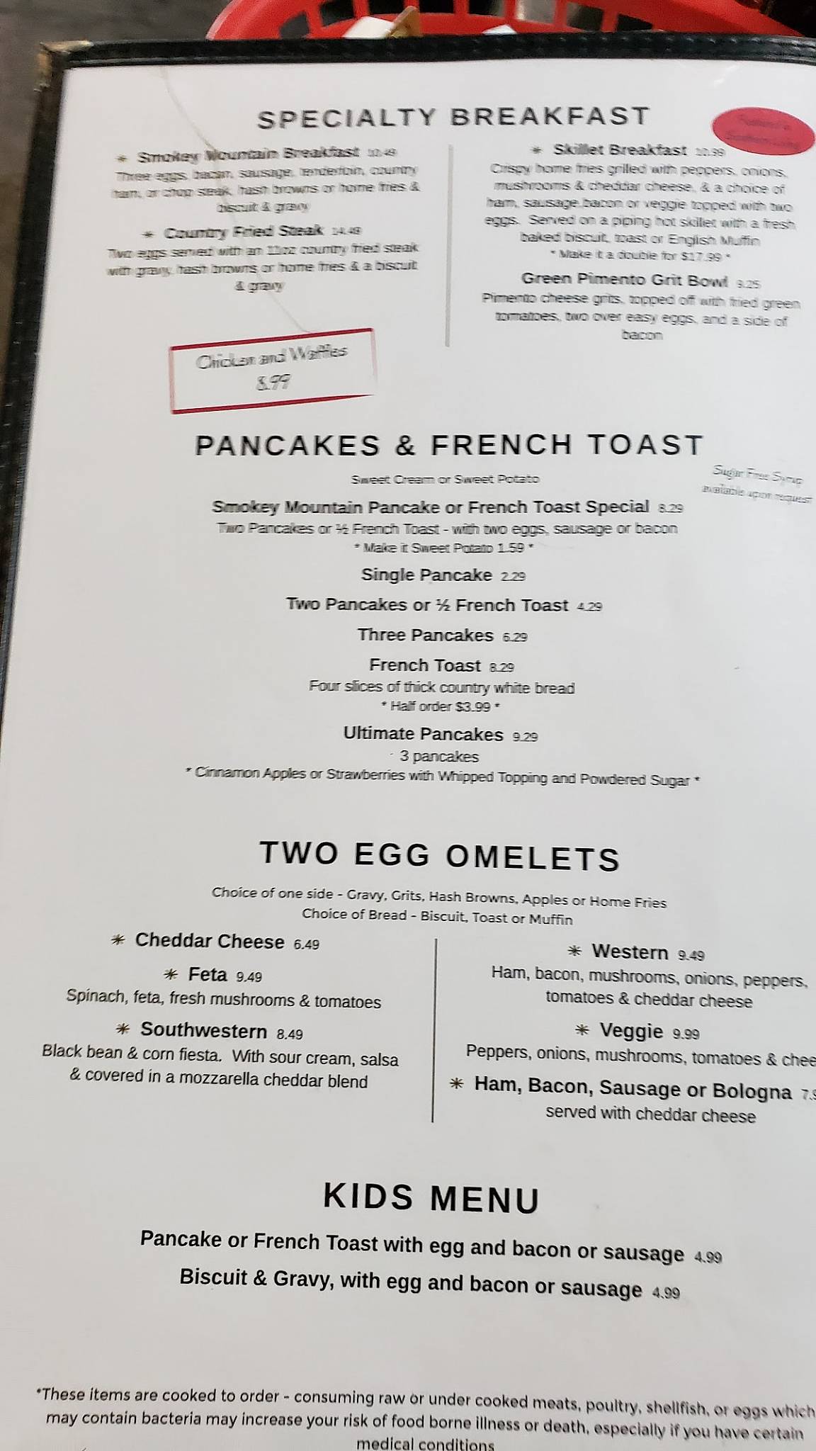 Menu at Smoky Mountain Diner restaurant, Hot Springs