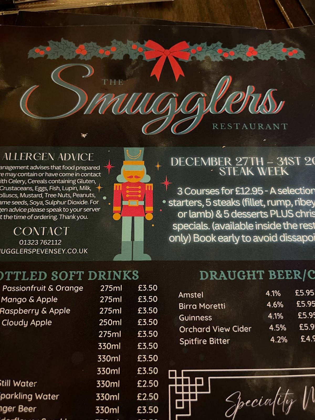 Menu at Smugglers Restaurant, Pevensey