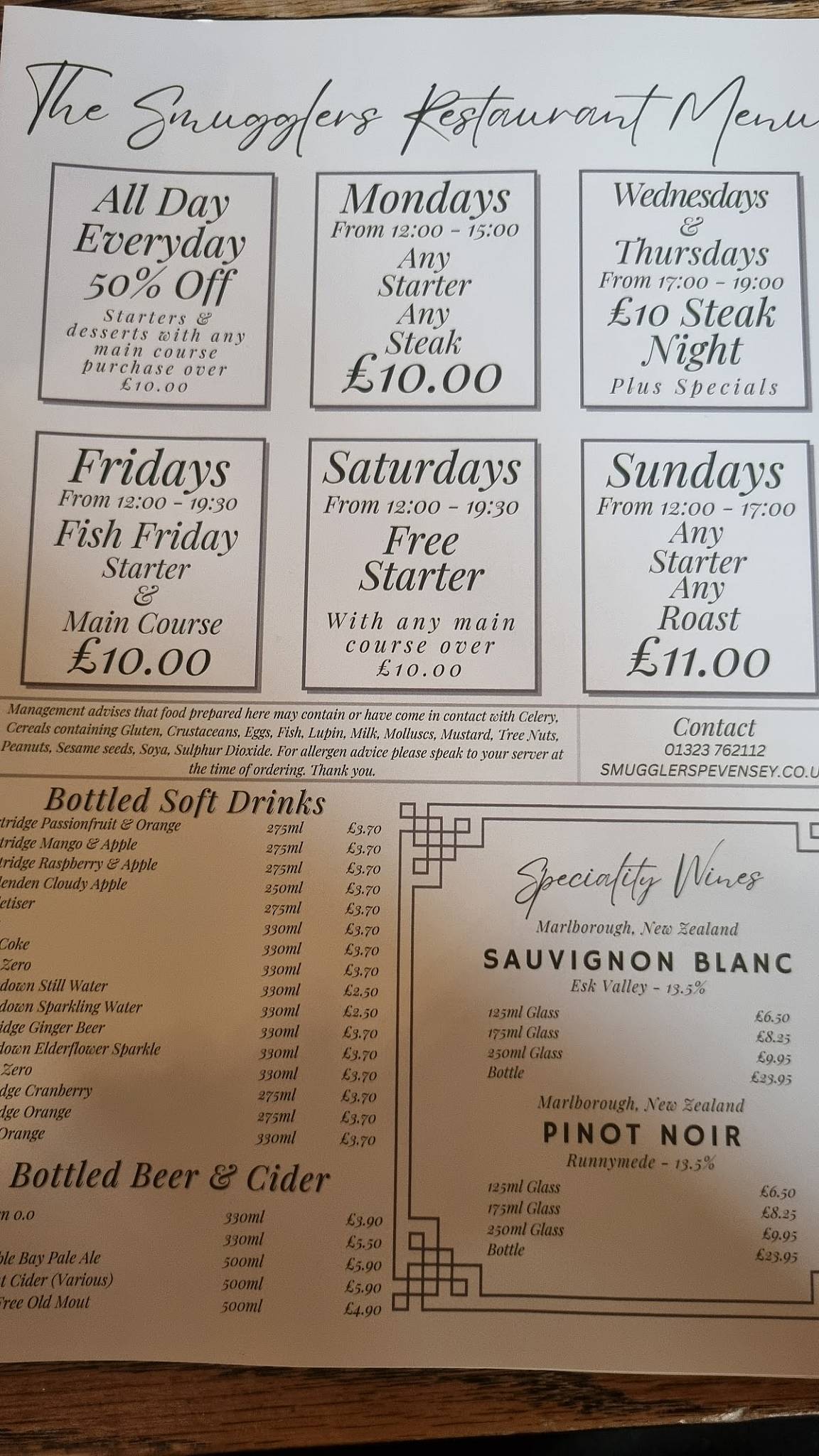 Menu at Smugglers Restaurant, Pevensey