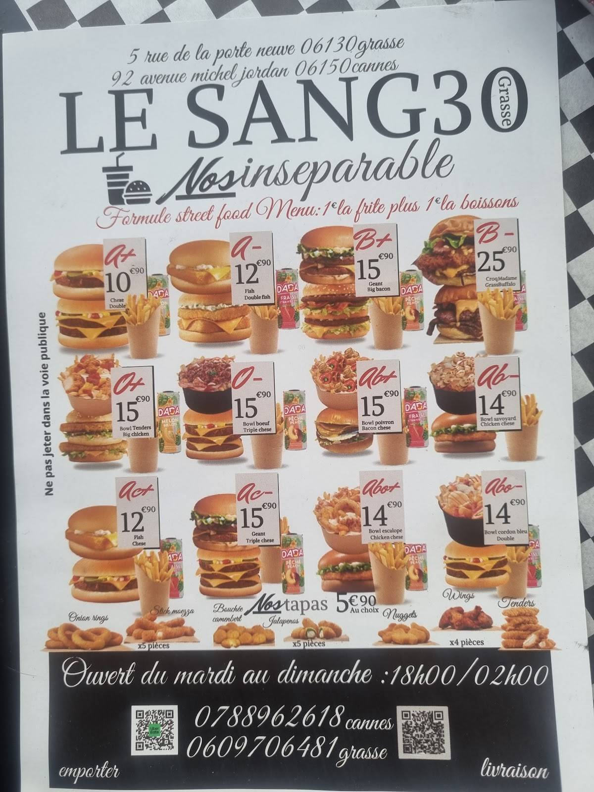 Menu au Snack Le sang 50 ( le 150) restaurant, Cannes