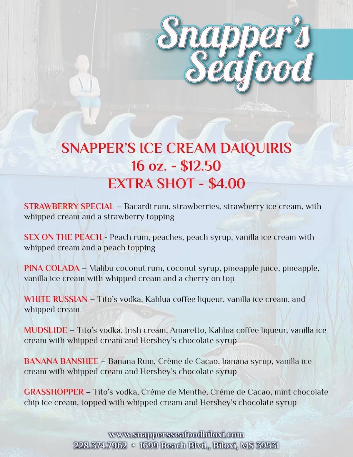 Menu at Snapper's Seafood restaurant, Biloxi, Beach Blvd
