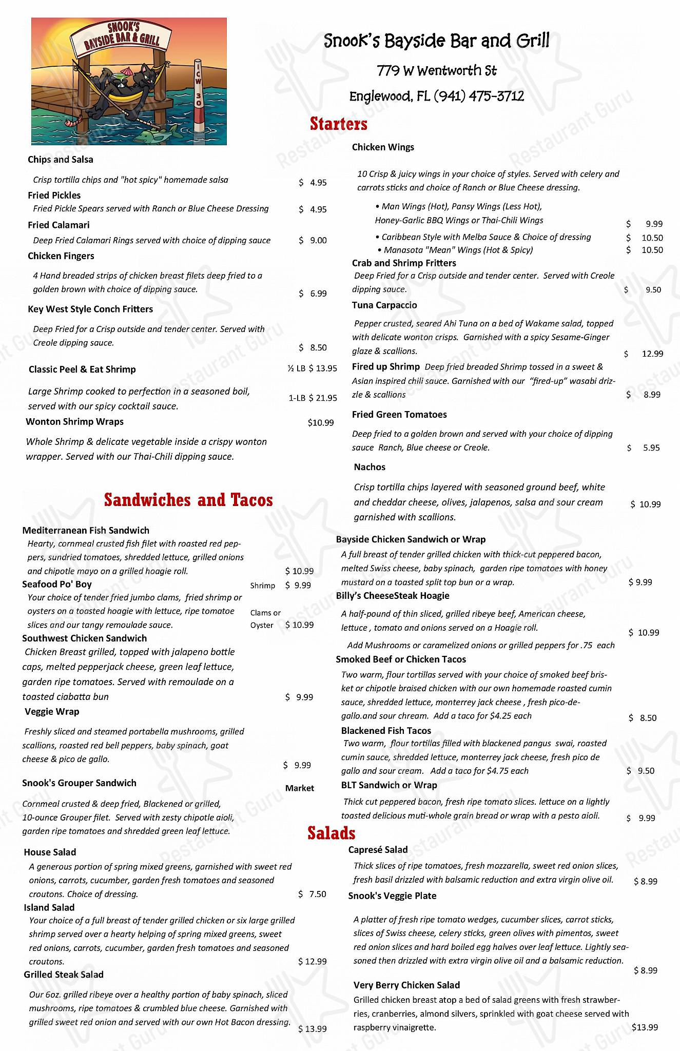 Menu at Snook's Bayside Restaurant and Tiki Bar, Englewood
